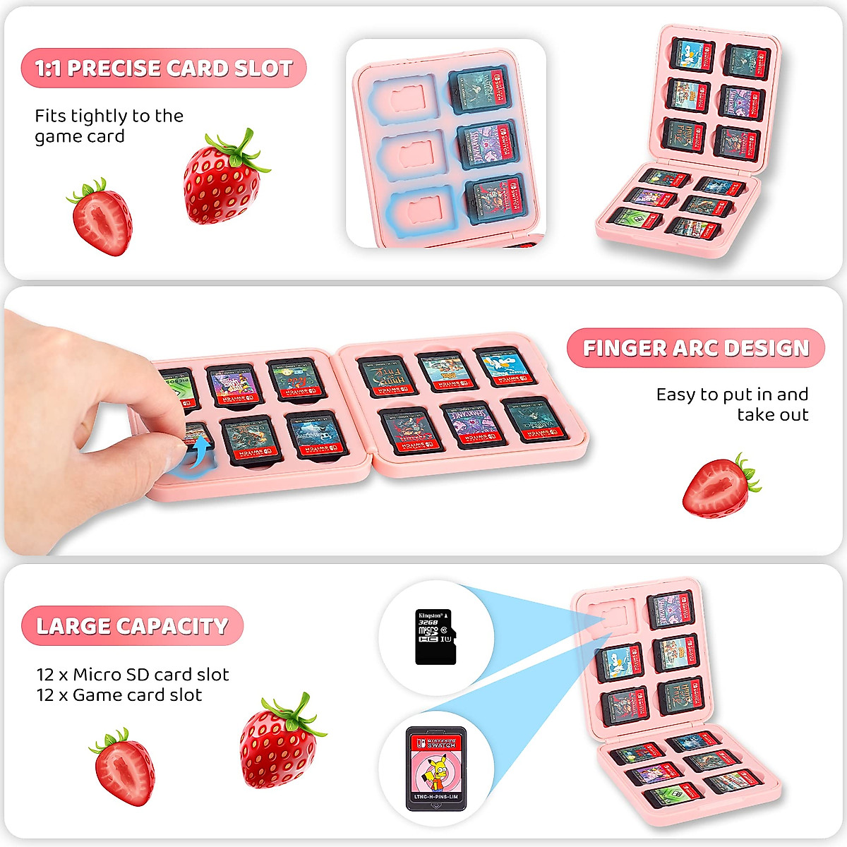 FANPL Game Case Holder for Nintendo Switch/ OLED/ Lite,12 Game Card and 12 Micro SD Card Slots Portable Storage Case for Switch, Cute Switch Cartridge Box with Hard Shell & Soft Liner-Pink Strawberry