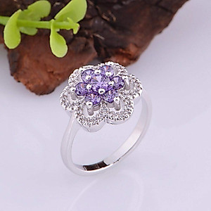 Uloveido Purple Cubic Zirconia Flower Earrings Necklace Ring Set for Women CZ Bridal Jewelry Sets for Bridesmaids T489 (Purple, Size 6)