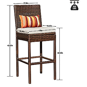 Sundale Outdoor Bar Stools 30 Inch Seat Height Set of 4, Patio Wicker Counter Stools with Back Rest, High Brown Rattan Chair with Pillow & Beige Cushion, All-Weather Armless Tall Pub Barstool