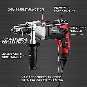DEKOPRO 8Amp 1/2-inch Corded Impact Drill with 12pcs Accessories, Variable Speed 0-2800, Hammer and Drill 2 Functions in 1, 360°Rotating Handle, Depth Gauge, Carrying Case Included