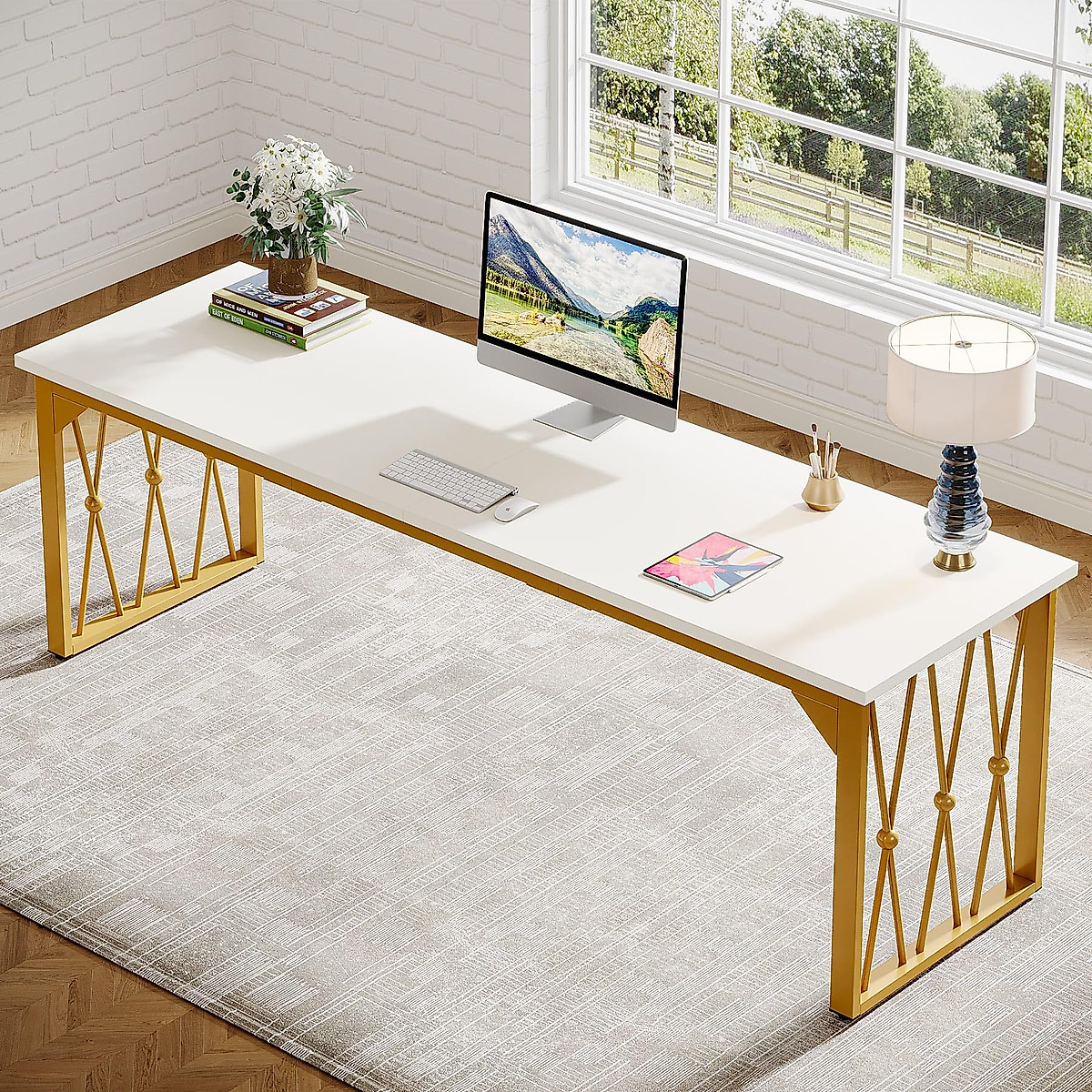 Tribesigns 78.7-Inch Two-Person Desk Extra Long Computer Desk, Double Computer Desk 2 Person Workstation Table for Home Office (Gold and White)