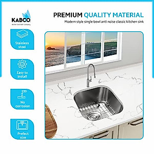 KABCO 16 Inch Square Single Bowl Stainless Steel Classic Kitchen Sink with Kitchen Sink Strainer, Garbage Basket and Sink Grid, 18 Gauge Undermount Rust Resistant Sound and Heatproof Swirl Finish Sink