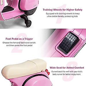 Costzon Kids Vespa Scooter, 6V Rechargeable Ride on Motorcycle w/Training Wheels, Key Switch, Music Horn Lights, Forward/Reverse, ASTM Certification, Gift for Children Boys Girls (Pink)