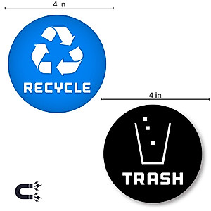 Recycle Trash Sticker Magnets for Kitchen Trash cans and Recycle Bins - 4in Circle - Combo for Garbage cans and Recycle Bins (Blue - Magnetic)