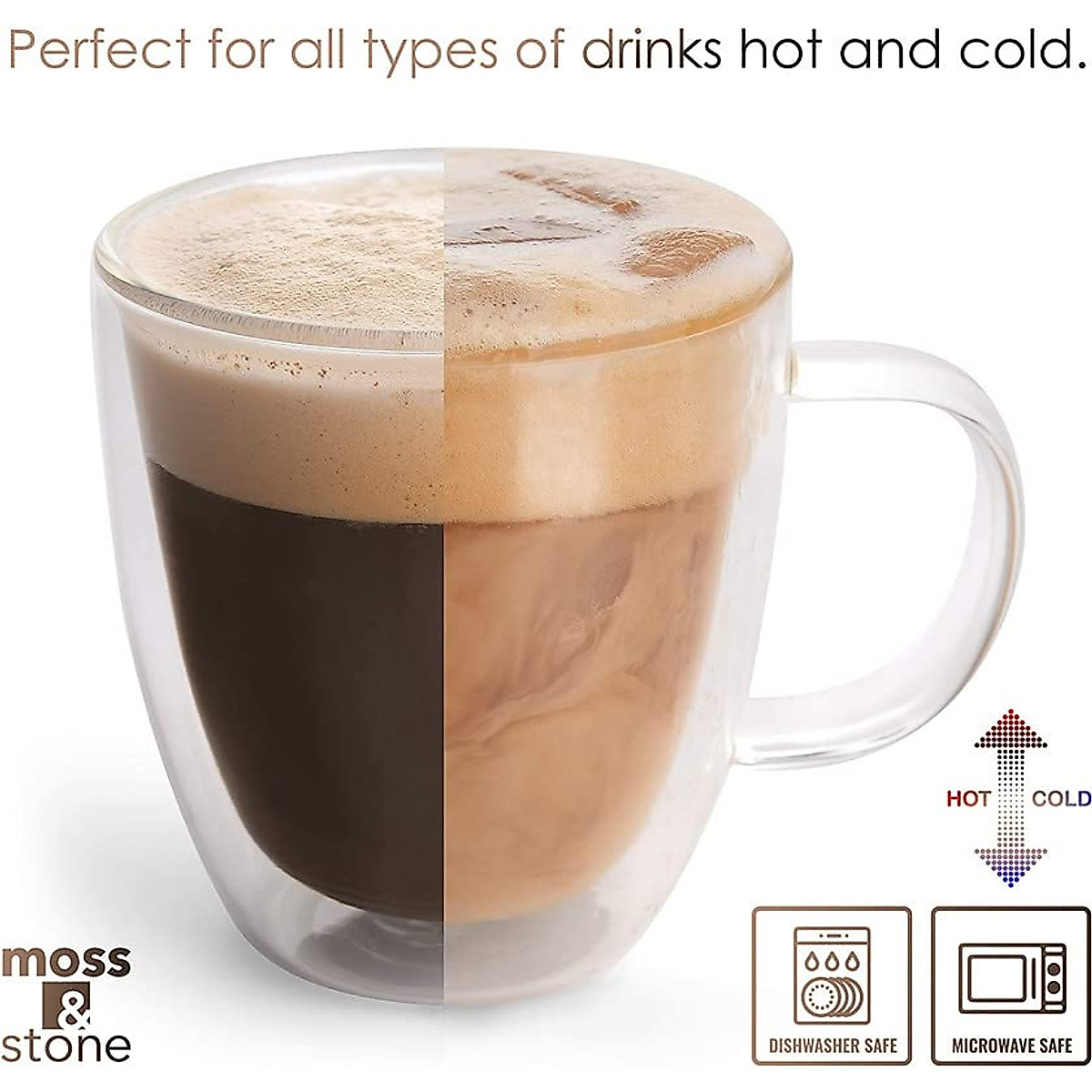 Moss & Stone Set of 4 Double Wall Glass Cup Clear Mug, Double Walled Coffee Mugs 7.4 Oz, Glass Tea Mugs, Insulated Coffee Mug With Handle & 2 Glass Spoons