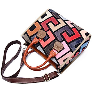 Segater® Women Multicolor Genuine Leather Tote Bag Cowhide Graffiti Print Colorful Handbag Geometric Puzzle Patchwork Purse Ladies Crossbody Bags