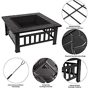 Mcombo 32" Metal Fire Pit Square Table Backyard Patio Terrace Fire Bowl Heater/BBQ/Ice Pit with Charcoal Rack Waterproof Cover 0039, Black