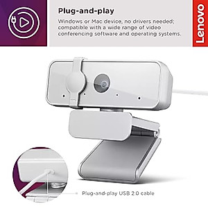 Lenovo HD 1080p Webcam (300 FHD) - Monitor Camera with 95° Wide Angle, 360° Rotation Pan & Tilt, Dual Microphones – Attachable Desktop Cam with Privacy Shutter for Remote Work, Streaming & Gaming