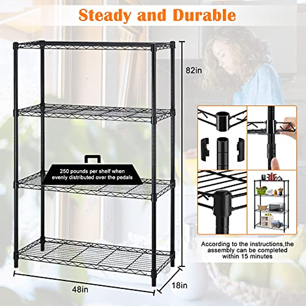 YIQIEDEY Storage Shelves 4 Tier Shelving Unit with Feet NSF Heavy Duty Height Adjustable Large Metal Shelves for Storage Commercial Grade Steel Utility Layer Shelf 1000 LBS Capacity-14x36x54 (Black)