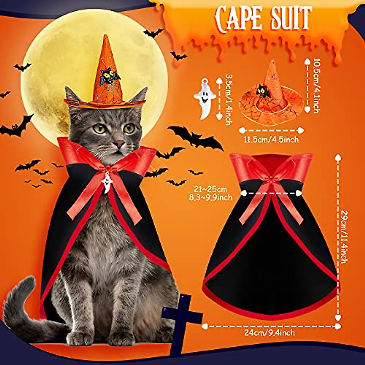 6 Pieces Halloween Pet Costumes Halloween Cat Bat Costume with Night Fluorescence Cat Vampire Cloak Pet Wizard Hat Dog Bat Headband Pumpkin Ghost Pendant for Dogs Cats Halloween Party Cosplay Party