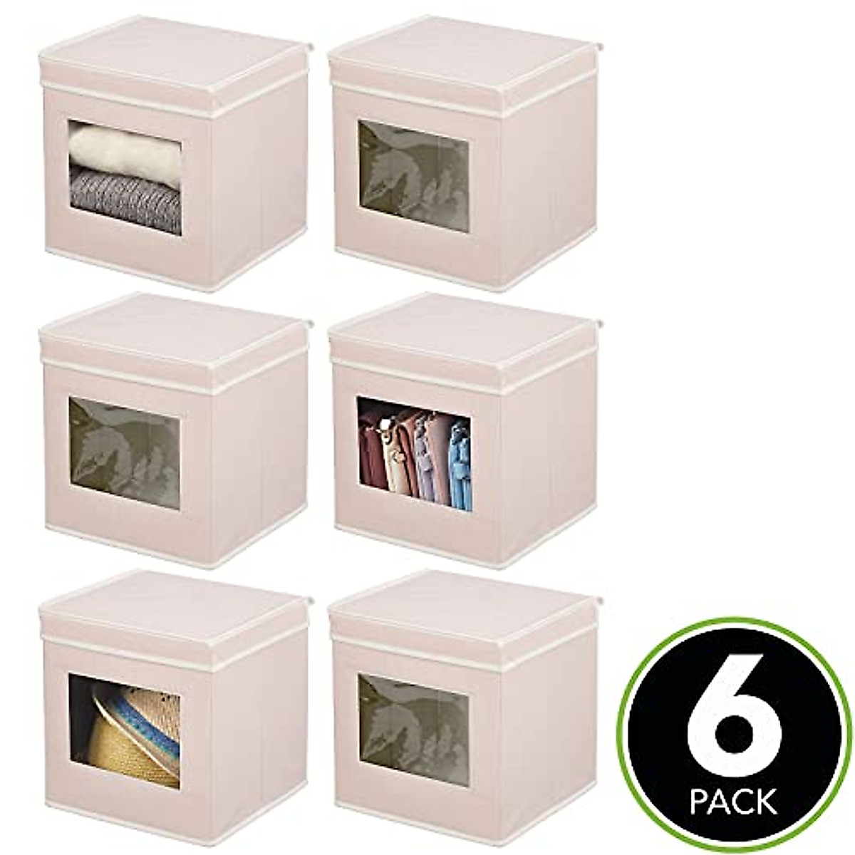 mDesign Fabric Stackable Square Cube Storage Organizer Box with Window and Attached Lid for Organizing Bedroom Closet - Holds Purses, Linens, Accessories - Jane Collection - 6 Pack - Pink/White