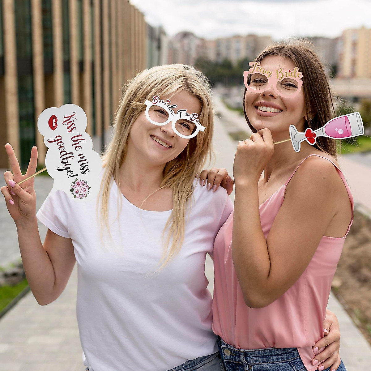 AOZUO Wedding Photo Booth Props, 23PCS Rose Gold Pastel Photobooth Selfies Props Kits with Sticks and Stickers for Women Girls Bridal Birthday Bachelorette Night Party Favors Supplies Decorations