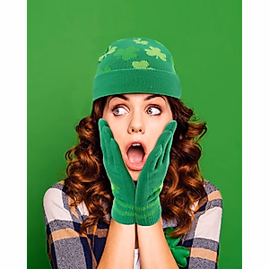 2PCS St Patrick's Day Beanie and Gloves Set Spring Green Shamrock Hat St Patricks Day Accessories Irish Knitted Hat Clover Glove for Women and Men Saints Beanie Gift