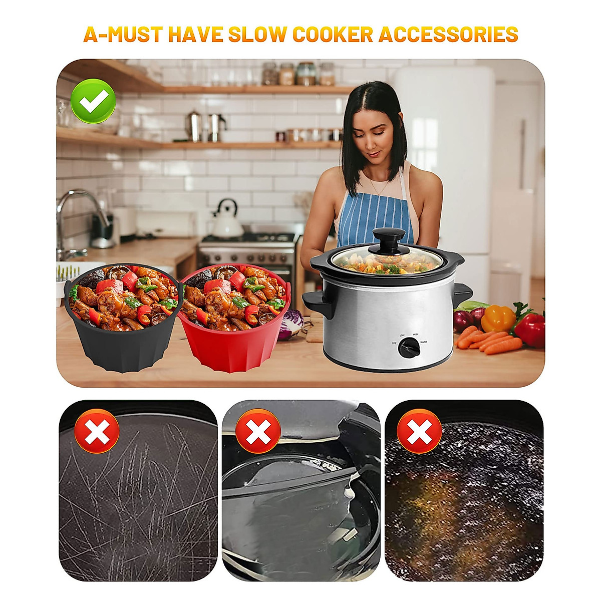 Slow Cooker Liners, 2pcs Reusable Round Cooking Liner Leak-proof Silicone Slow Cooker Liner fit 5-6 Quart Oval Slow Cooker