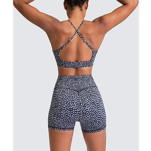 IWEMEK Women 2 Piece Workout Outfits Polka Dot Print High Wasit Biker Shorts + Backless Adjustable Sport Bra Sets Exercise Running Gym Clothes Black Polka Dots Small