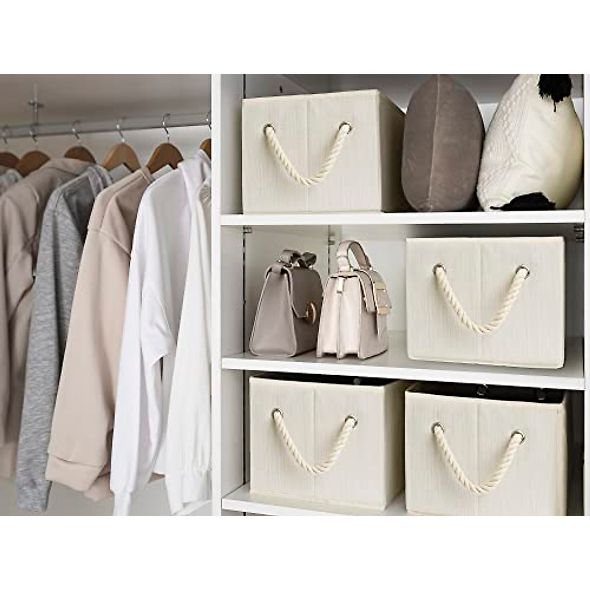 StorageWorks Large Storage Baskets for Organizing, Foldable Storage Baskets for Shelves, Fabric Storage Bins with Handles, Beige, White & Ivory, 3-Pack