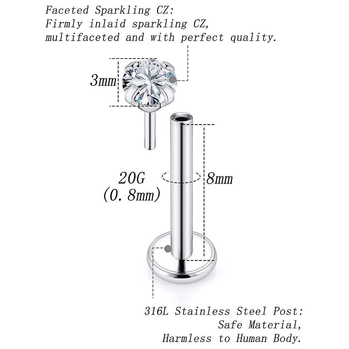 20G Threadless Push in Lip Rings Nose Rings For Women 316l Surgical Steel Labret Jewelry Monroe Lip Rings Medusa Piercing Tragus rook Helix Cartilage Earring Piercing Jewelry 8mm Silver 3mm CZ