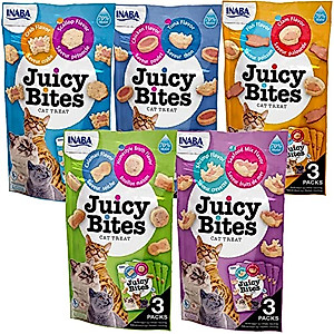 INABA Juicy Bites Grain-Free, Soft, Moist, Chewy Cat Treats with Vitamin E and Green Tea Extract, 0.4 Ounces per Pouch, 15 Pouches (3 per Pouch), 5 Flavor Variety Pack