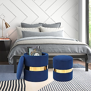 Joveco Round Velvet Storage Ottoman Set of 2 - Footrest Upholstered Footstool Side Table Seat Make Up Stool with Metal Band (Blue)