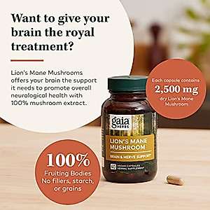 Gaia Herbs Lion’s Mane Mushroom - Brain and Nerve Support Supplement to Help Maintain Neurological Health - with Organic Lion's Mane Mushrooms - 40 Vegan Liquid Phyto-Capsules (40-Day Supply)