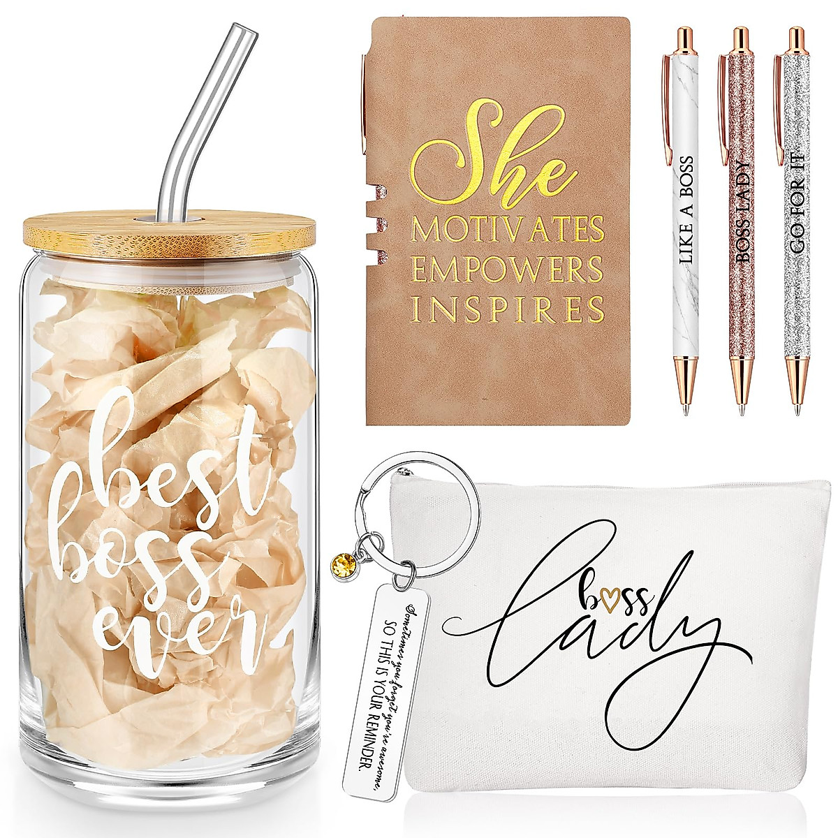 SiliFine 7 Pcs Boss Day Gift Sets Lady Thank You Gifts for Women Best Boss 16oz Glass Cup Makeup Bag Keychain A6 Notepad with 3 Ballpoints Pen Lady Leader Appreciation Day Christmas Favor(Brown)