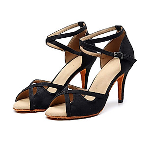 Goettin Women's Professional Latin Dance Shoes Satin Salsa Ballroom Wedding Dancing 3.3 inch Heel Height (US6.5) Black