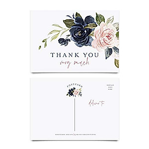 Bliss Collections Thank You Postcards, Navy Floral, Cards for Weddings, Receptions, Baby or Bridal Showers, Birthdays, Graduations, Parties, Celebrations or Special Events, 4"x6" (50 Cards)