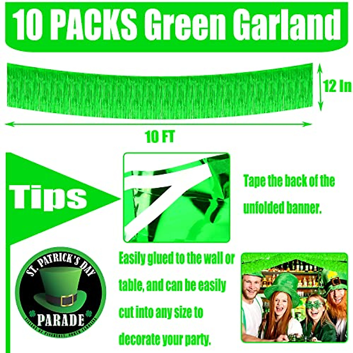 10 Pack 10 Feet Foil Fringe Garland Metallic Tinsel Streamers Banner Wall Hanging Curtain Backdrop for Parade Floats, Bachelorette, Wedding, Birthday, St Patrick Day, Party Decorations(Green)