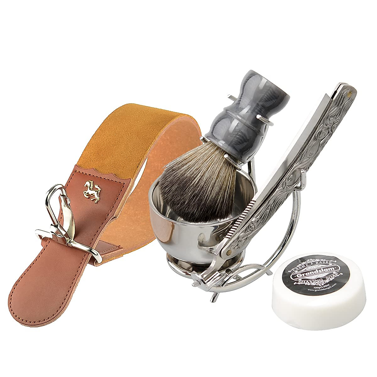 Grandslam Straight Razor Kit - Steel Cutthroat Razor, Leather Strop, Shaving Brush, Stainless Steel Bowl & Stand, Shaving Soap - Men's Gift