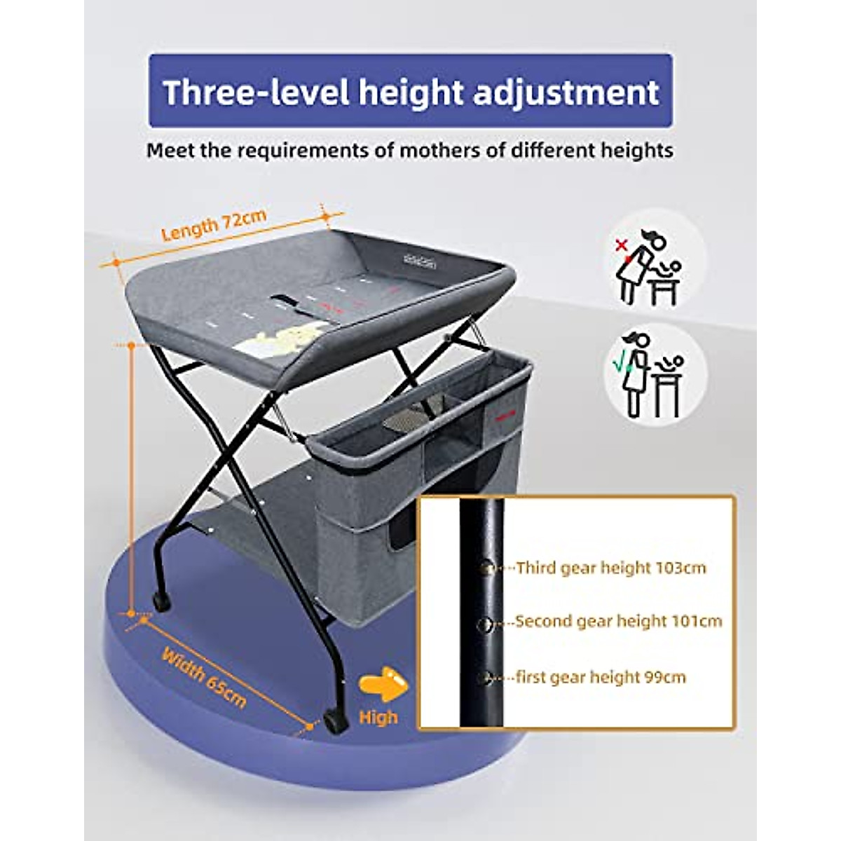 Kiss My Heart Portable Baby Changing Table, Diaper Changing Table Dresser Changing Station for Infant, Diaper Changing Table Pad, Mobile Nursery Organizer for Newborn -Grey…