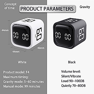 VEWINGL Cube Timer,Rotation Timer,5/10/30/60 Minutes and Custom Countdown,Productivity Timer,Pause and Resume,Silent,Vibrate and Adjustable Sound Alarm for Tasks,Work,Study,Kitchen (F4, Black)