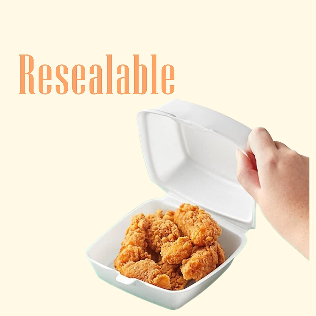 Mr. Miracle Foam Containers 6X6, Disposable Clamshell Styrafoam Containers for Food - Hinged Lid, 50 Count, Restaurant to Go Trays, Lunch Container with Recessed Lid for Stable Stack