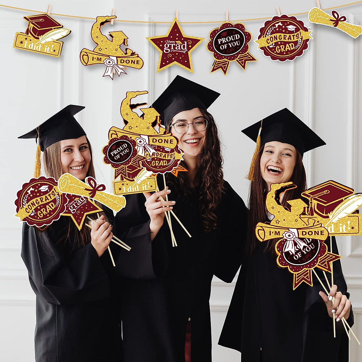Graduation Party Decorations Maroon Gold 2023/Burgundy Gold Graduation Party Supplies Maroon Grad Table Centerpieces-24Pcs Burgundy Gold Black Graduation Sticks Class of 2023 Table Topper