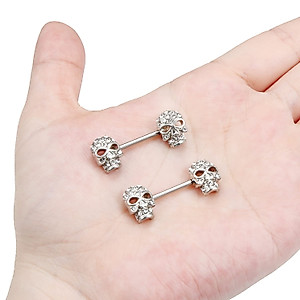 Lcolyoli 316L Stainless Steel Nipple Rings Barbell Crystal Skull Piercing Nipple Piercing Jewelry for Women Men Silver-tone