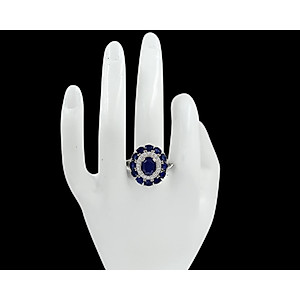 September Birthstone Natural 9X7 MM Oval Cut Blue Sapphire Gemstone 925 Solid Silver Cluster Unisex Proposal Ring Wedding Jewelry For Bridal Gift (Rhodium Plated Silver, 6)