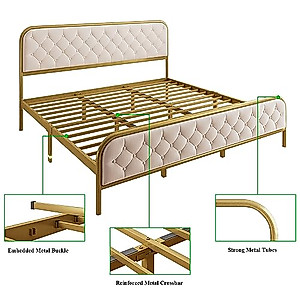 Feonase King Size Bed Frame, Upholstered Bed Frame with Diamond Tufted Headboard, Heavy Duty Metal Slats, 12" Storage Space, No Box Spring Needed, Easy Assembly, Gold