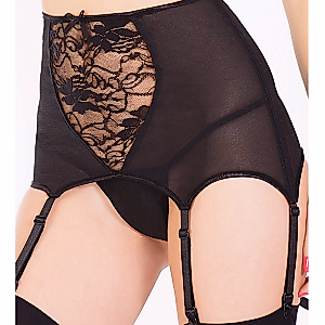 Women's High Waisted Lace Garter Belt w/G-String for Thigh High Stockings Black XL