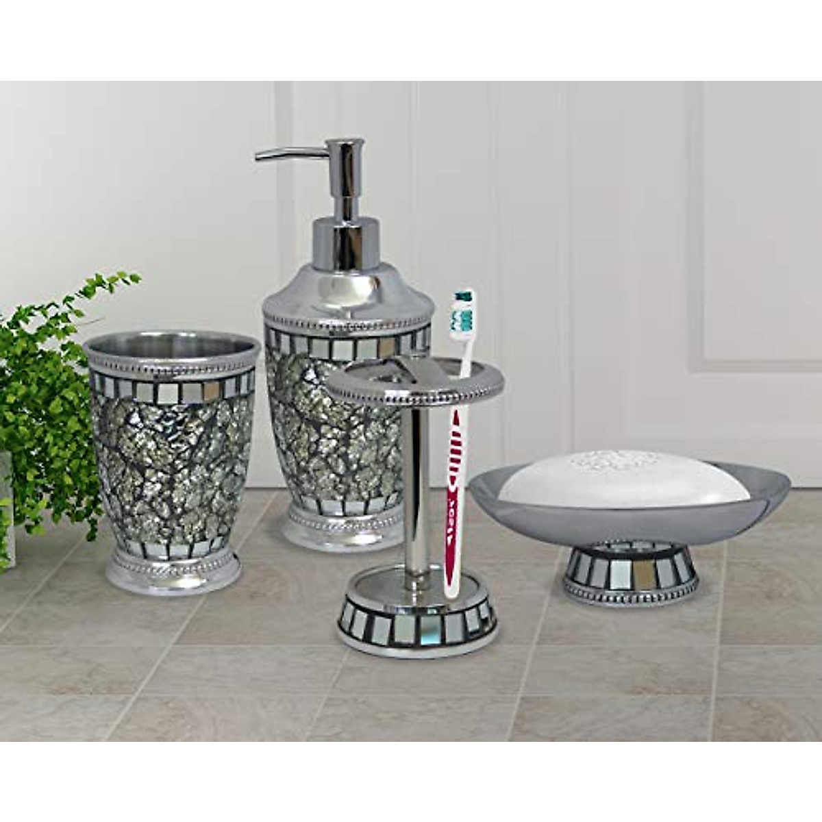 nu steel (Set of 4) Iceberg Bath Accessory set in Ice Gray: Includes Soap Dish, Toothbrush Holder, Tumbler, Soap/ Lotion Dispenser
