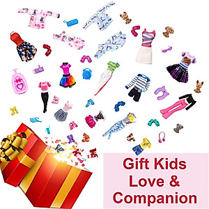 28 Pack Girl Dolls Clothes and Accessories, 2 Storytelling Pajamas, 3 Fashion Dresses, 3 Clothing Outfits, 10 Shoes, Travel Set for 11.5 inch Dolls, Mini School Supplies