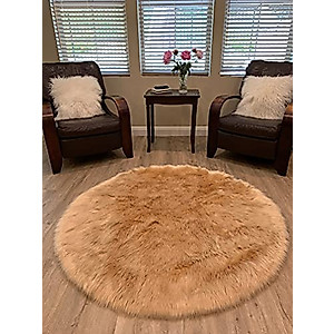 LAMBZY Faux Sheepskin Super Soft Hypoallergenic Silky Round Shag Rug for Living Room, Kids Room, Sofa (5', Beige)
