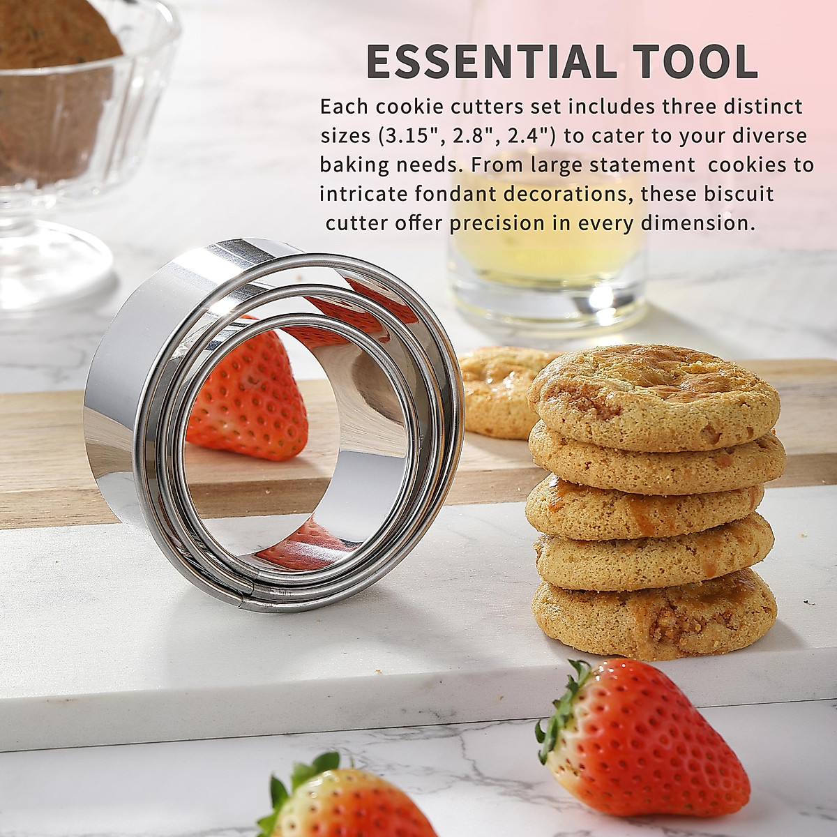 3PCS Cookie Cutters, COKUMA Biscuit Cutter Tools, Stainless Steel Round Cookie Cutter, Donut Cutter Ring Molds for Baking (3.2in 2.8in 2.4in)