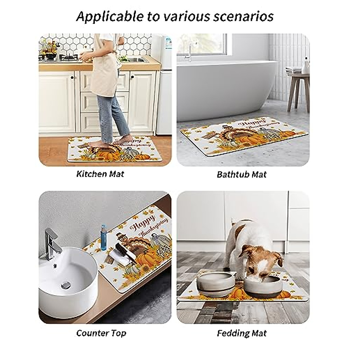 KITHOME Bath Mat for Bathroom Non Slip Thanksgiving Farm Turkey Pumpkin Sunflowers Diatomaceous Earth Bath Mats Highly Absorbent Door Mat Diatom Mud Washable Bathroom Mat for Tub Shower 16x24 Inch