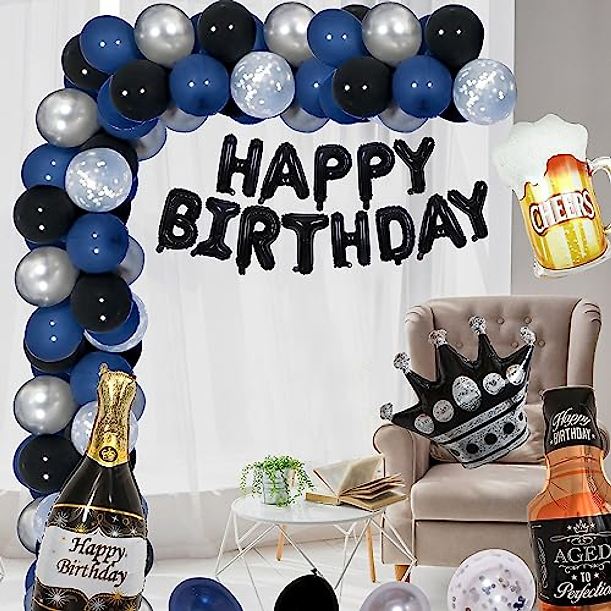 Navy Blue and Black Birthday Decorations for Men Women, Blue and Silver Birthday Party Decorations with Happy Birthday Banner,Fringe Curtains,Happy Birthday Decorations for Boys Girls Party Supplies