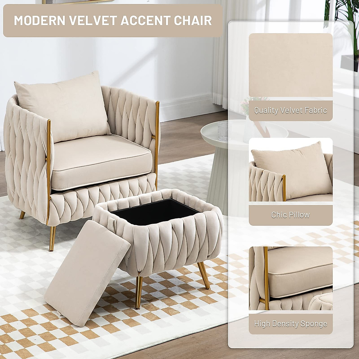 NIOIIKIT Modern Velvet Accent Chair with Storage Ottoman, Upholstered Hand Woven Lounge Chair with Pillow, Luxury Armchair, Vanity Chair for Living Room, Bedroom, Office (Beige)