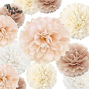 NICROHOME Wedding Decorations, 12 PCS Champagne Tissue Paper Pom Poms, Creamy White Paper Flowers for Engagement Receptions, Bachelorette, Birthday, Bridal Showers Party Supplies