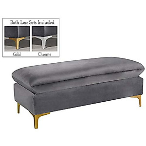 Meridian Furniture 636Grey-Ott Naomi Collection Modern | Contemporary Velvet Upholstered Ottoman/Bench with Rich Gold or Chrome Legs, Grey