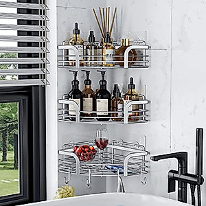 3 Pack Corner Shower Caddy: Adhesive Stainless Steel No-drilling Bathroom Organizer for 90° Corners- Installed in Minutes, Heavy Duty Shower Shelves for Storage- 6 Metal Hooks with Caps, 8 Adhesives