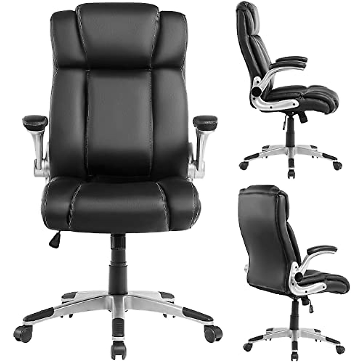 KCREAM Executive Office Chair PU Leather with Flip-up Arms, Desk Chair Swivel Task Chair with Lumbar Support, Adjustable Height/Tilt, 360-Degree Swivel, 300Lb Weight Capacity