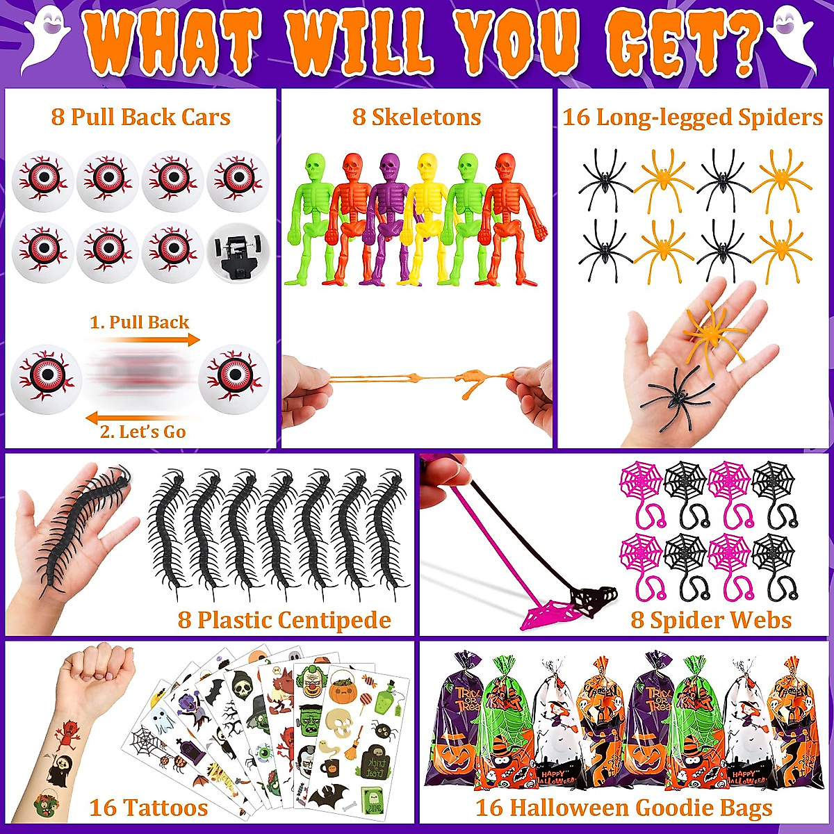 176PCS Halloween Party Favors for Kids, Halloween Glasses Gift Bags Goodies for Boys Girls Halloween Bulk Fillers Bags Halloween Treats Non-Candy School Classroom Prizes Halloween Gifts Trick or Treat