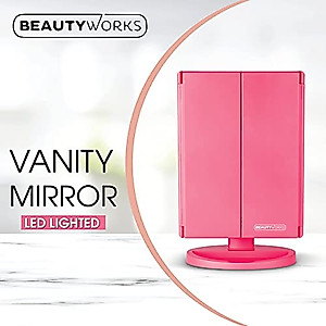 Beautyworks Backlit Makeup Vanity Mirror 36 LED Lights Touch-Screen Light Control, Tri-Fold 1/2/3X Magnification, Portable High-Definition Clarity Cosmetic Light Up Magnifying Mirror (Pink)
